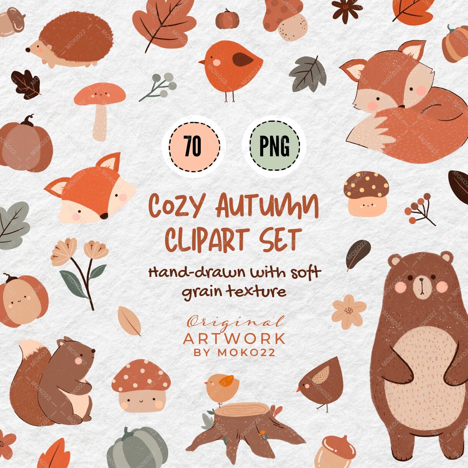 Cozy Autumn Clipart Set, Fall Woodland Animals PNG, Hand Drawn Pumpkin ...